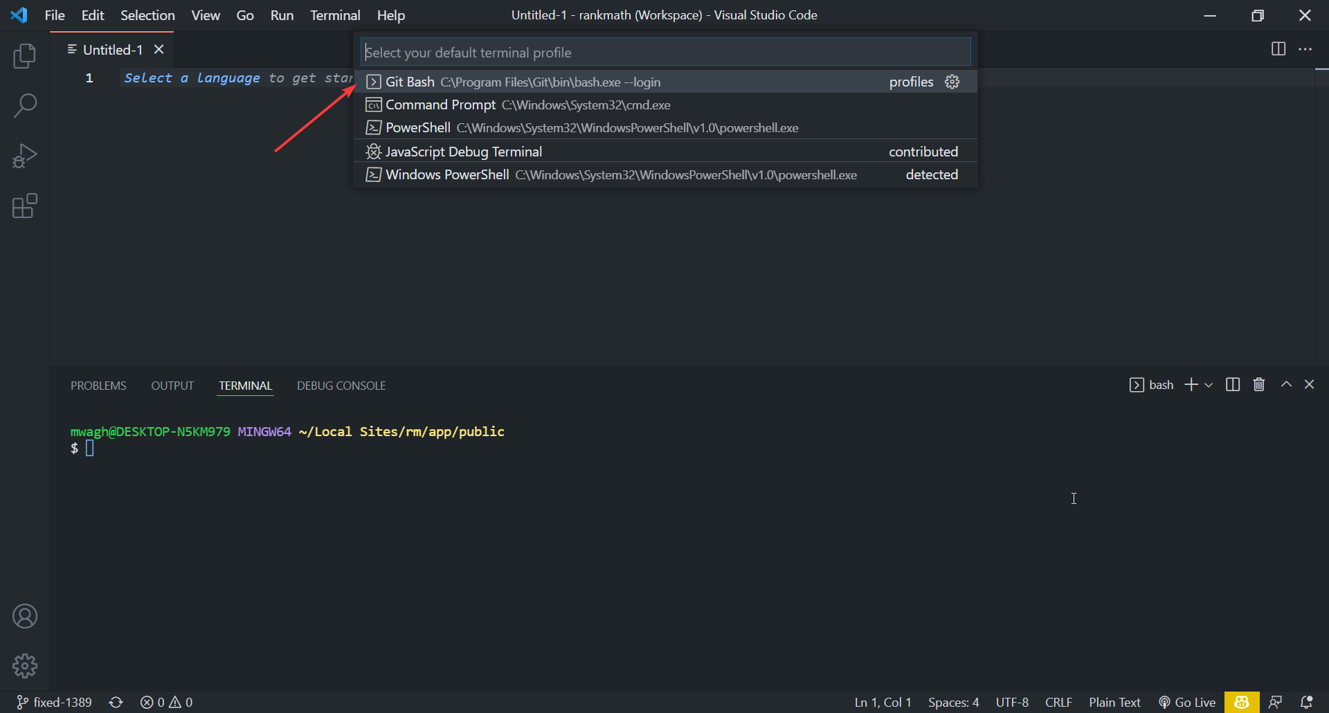 Vs code set git bash as default terminal